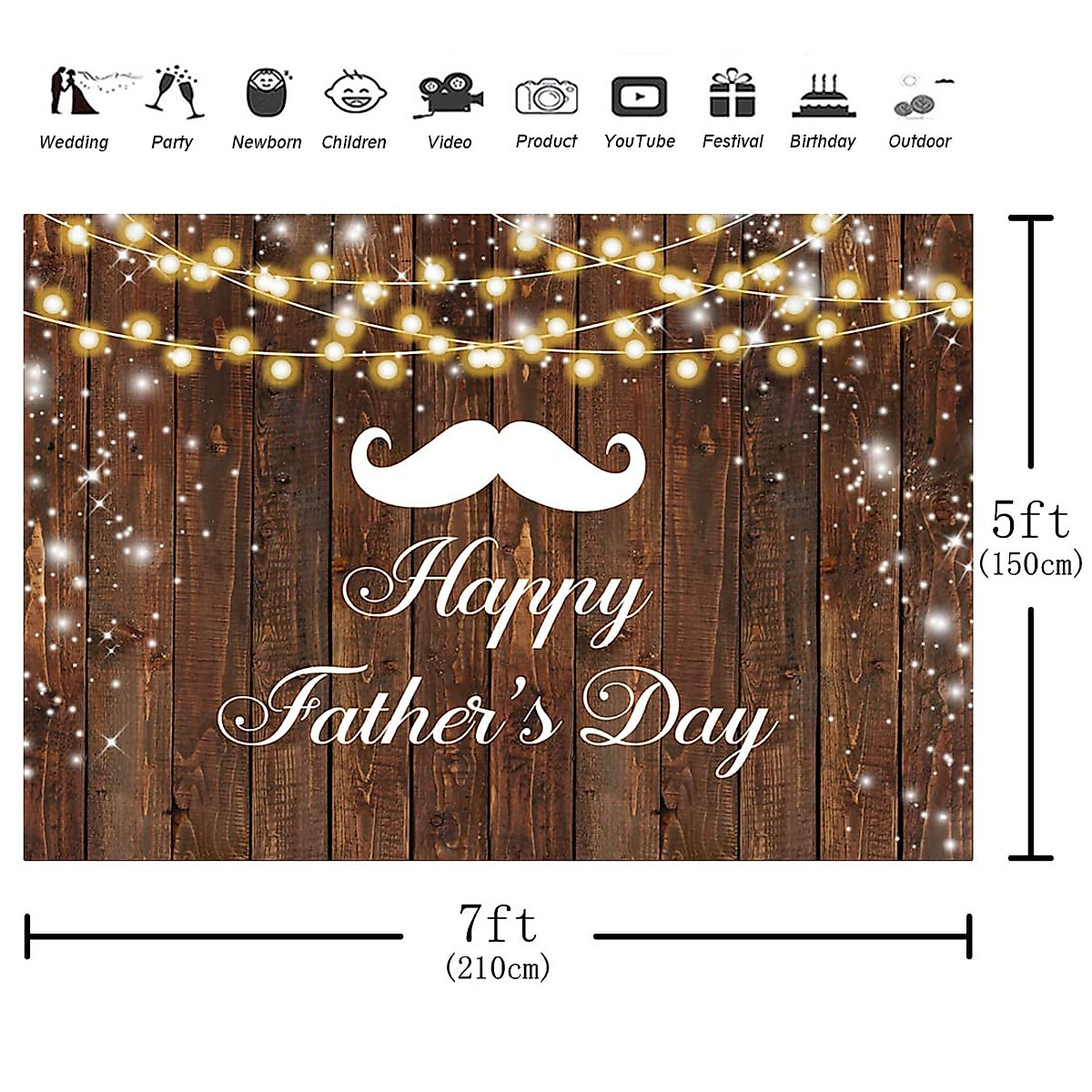 Aperturee 7x5ft Happy Father's Day Backdrop Cute Beards Glitter Goden and White Lights Rustic Wood Photography Background Thanks Daddy Backgrounds Party Decoration Prom Studio Pictures Shoot Props
