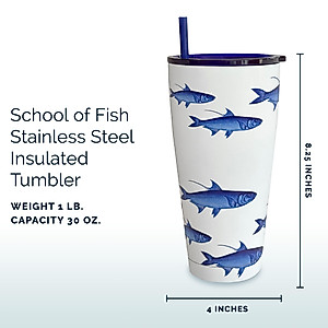 Caskata School of Fish Stainless Steel Insulated Tumbler | Cup, Lid & Straw Set for Travel, Commuting, & School | Perfect for Birthday, Christmas & Holiday Gifts | Blue on White Color | 30 oz