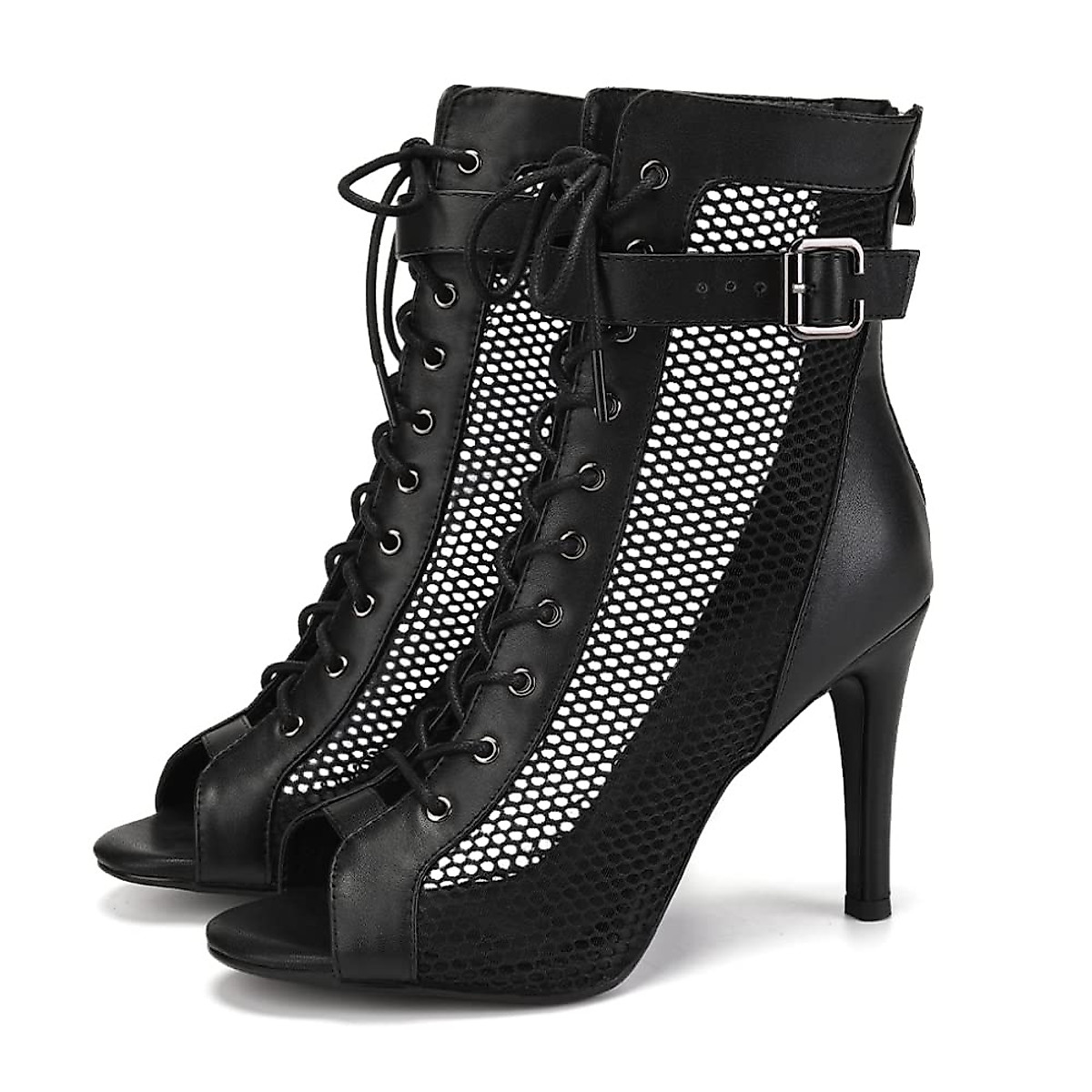 TINRYMX Women Open Toe Dance Ankle Boots Dance Heels Lace-up Latin Salsa Bachata Ballroom Dance Shoes, DSK92-PM-Black-9.5, 11(M) US