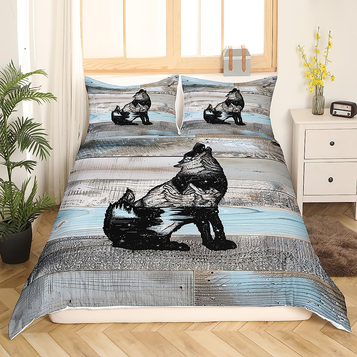 Wolf Duvet Cover Queen Rustic Farmhouse Style Bedding Set,Lodge Cabin Wood Comforter Cover Grey Blue Wooden Plank Woodland Wildlife Bed Set,Western Wild Animal Black Sketch Drawing Room Decor
