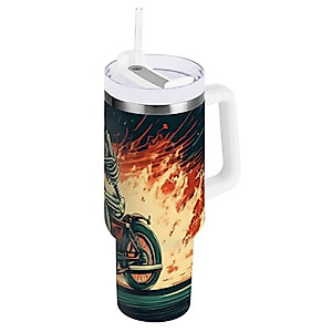 Jihqo Retro Skeleton Motorcycle 40 oz Stainless Steel Vacuum Insulated Tumbler with Handle and Straw Lid, Leakproof Water Bottle Double Wall Travel Mug Coffee Cup, Cupholder Friendly