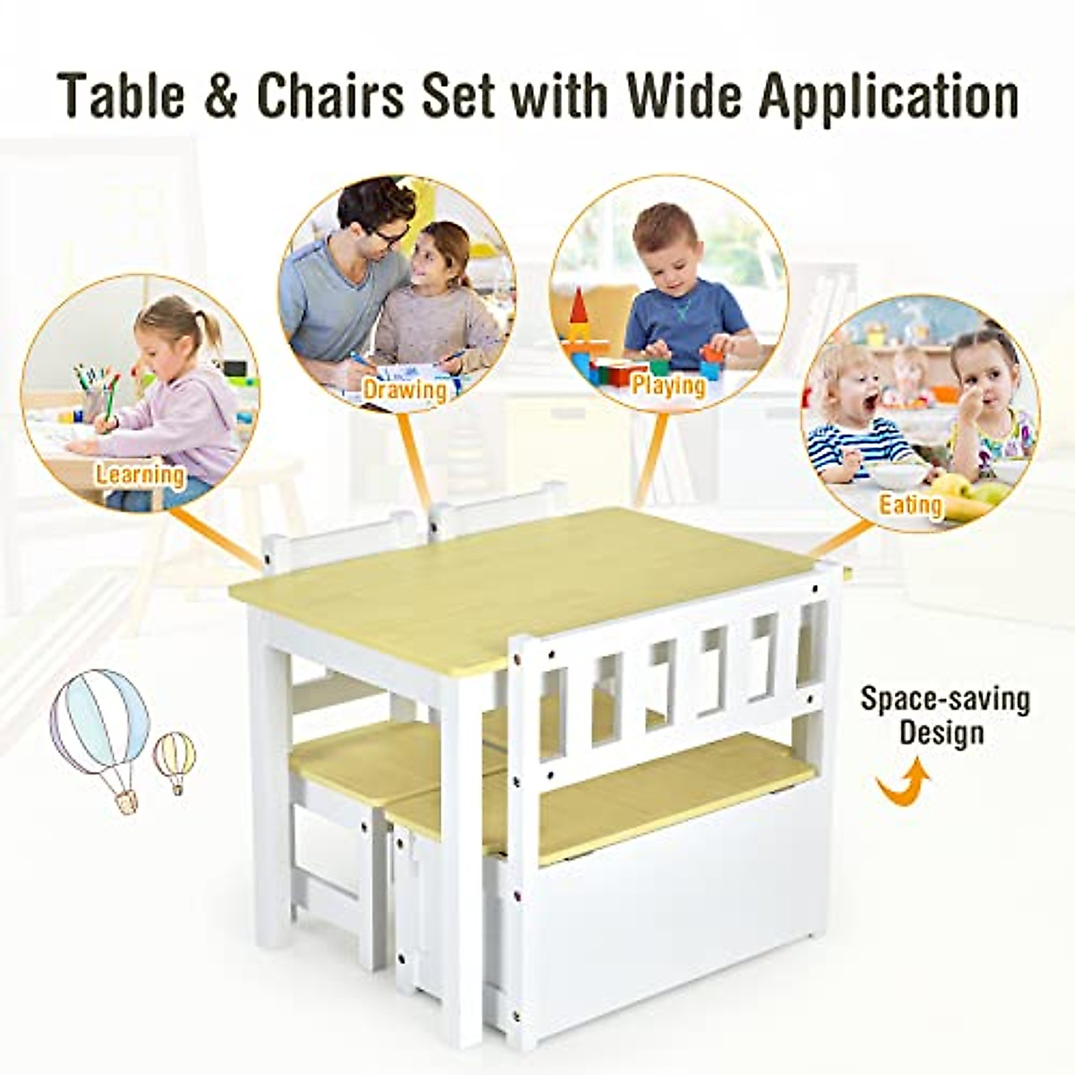 Costzon Kids Table and Chair Set, Wood Activity Table with Toy Storage Bench & 2 Chairs for Children Reading, Arts, Crafts, Snack Time, Homework, Playroom, Toddler Table and Chair Set (Natural)