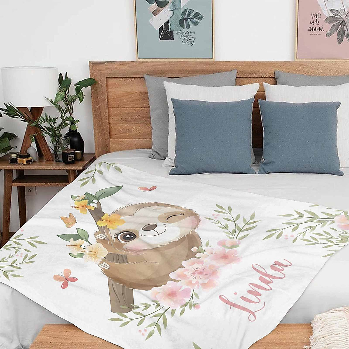 Custom Name Personalized Baby Blankets - Sloth Design for Kids - Soft 50"x60" Throw Blanket