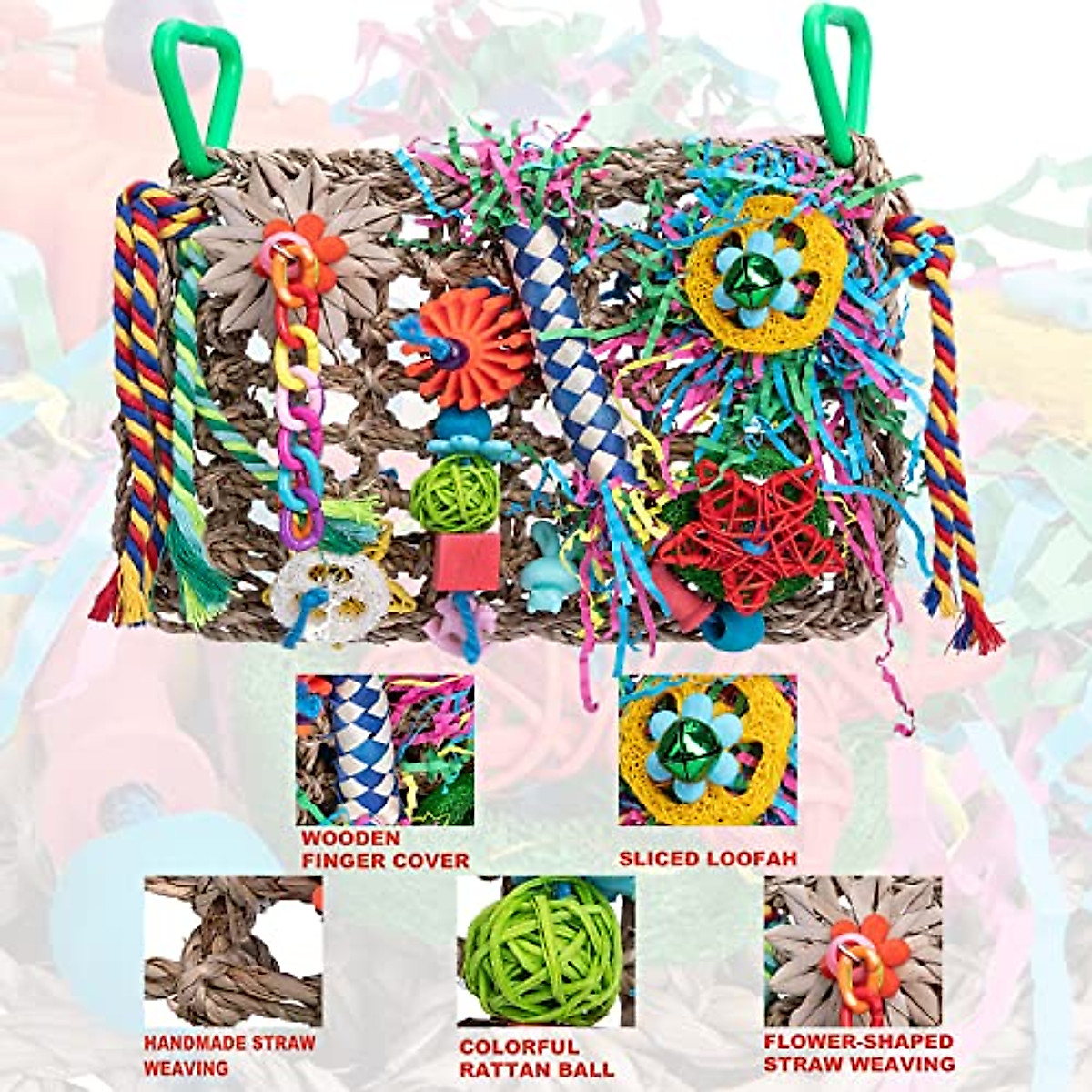 Bird toys, parrot toys, seaweed woven overhanging cushions, natural bird foraging chew toys, suitable for African grey parrots, Amazon parrots, lovebirds and other small and medium-sized birds