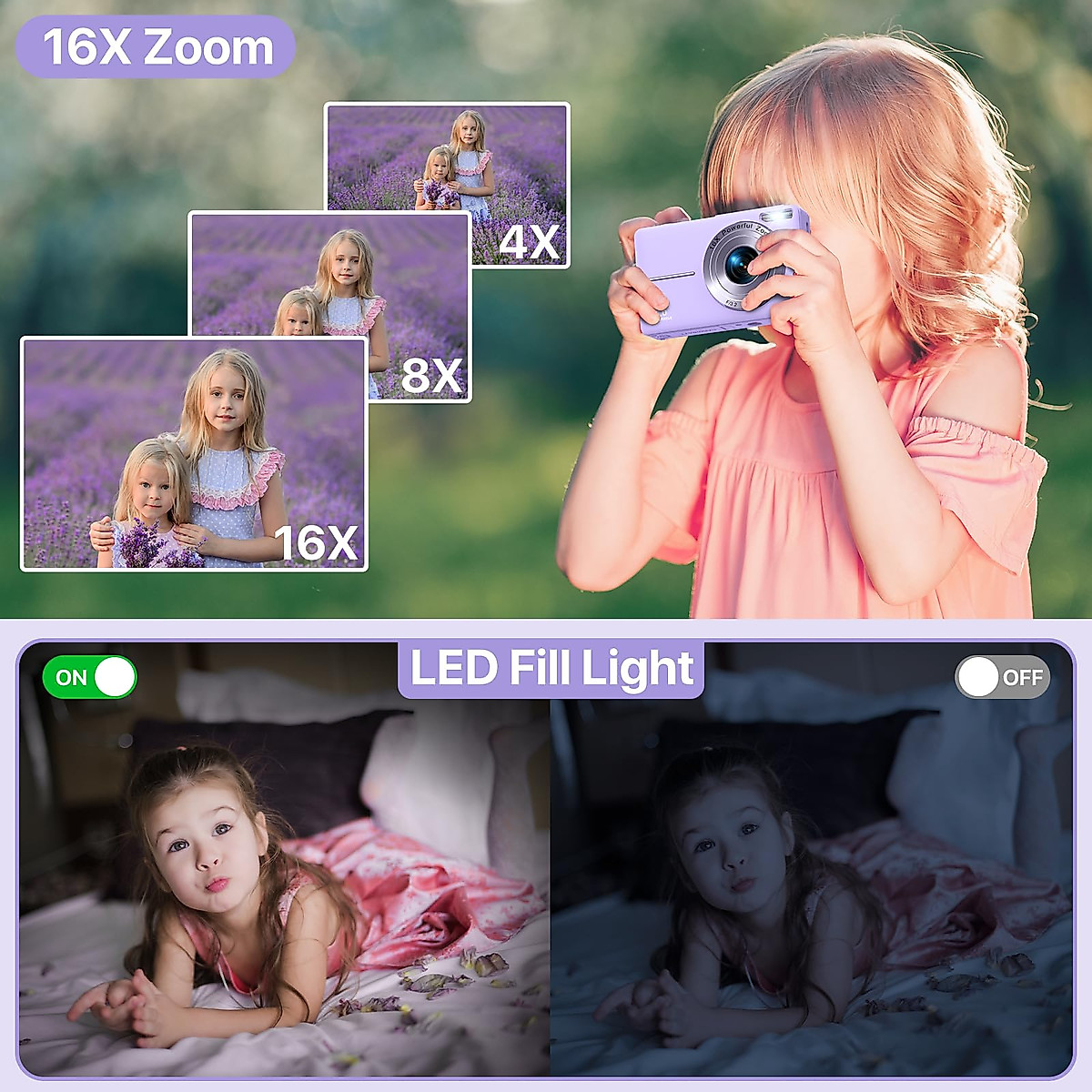 AUTPIRLF Digital Camera for Kids, 1080P Mini with Lanyard 44MP Point and Shoot Camera, Anti-Shake Vlogging 16X Zoom, Small Boys Girls Teens Students(Purple) (DC403)