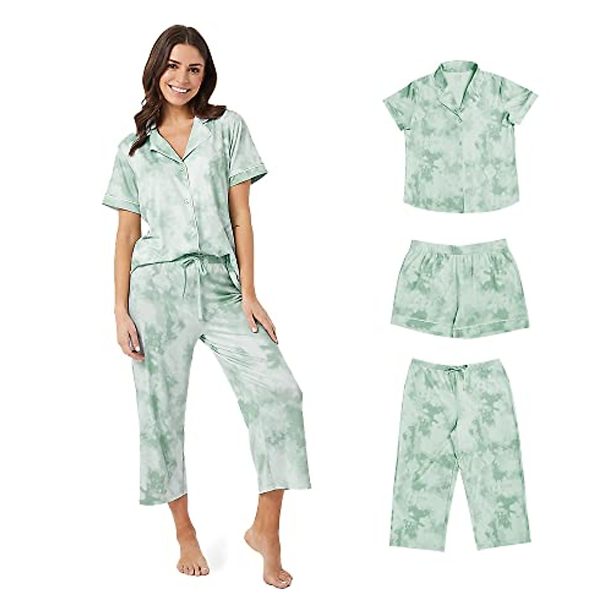 32 DEGREES Women's Cool Button Up 3 Piece Sleep Set |4-Way Stretch | Button up Top | Lounge Capri and Short, Light Mint Hazy Tie Dye, Large