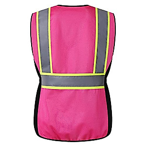 JKWEAR Women Safety Vest, Multi Pockets High Visibility Reflective Breathable Mesh Work Vest For Lady, Durable Zipper (Small, Pink Purple)