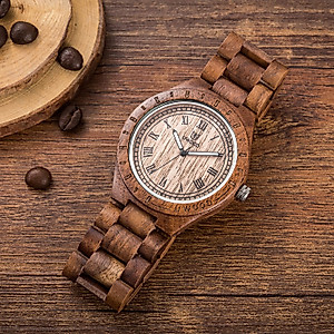 LeeEv Mens Light Weight Unique Wood Watch, Uwood Series Handmade Sandalwood Analog Quartz Vintage Roman Number Natural Wooden Wristwatch