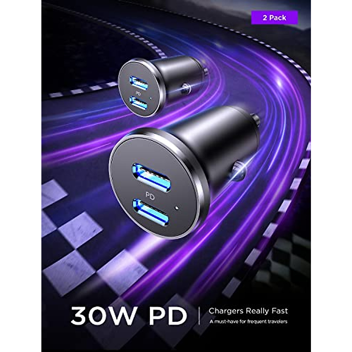 2 Pack USB C Car Charger, 30W+30W Dual Port USB C Car Charger Fast Charging [All Metal & Mini] USB Cigarette Lighter Adapter for iPhone 14/14 Pro/Samsung S23 S22/iPad/Google Pixel