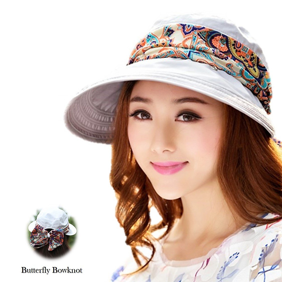 Roll Up Wide Brim Sun Visor UPF 50+ UV Protection Sun Hat with Neck Protector Beige