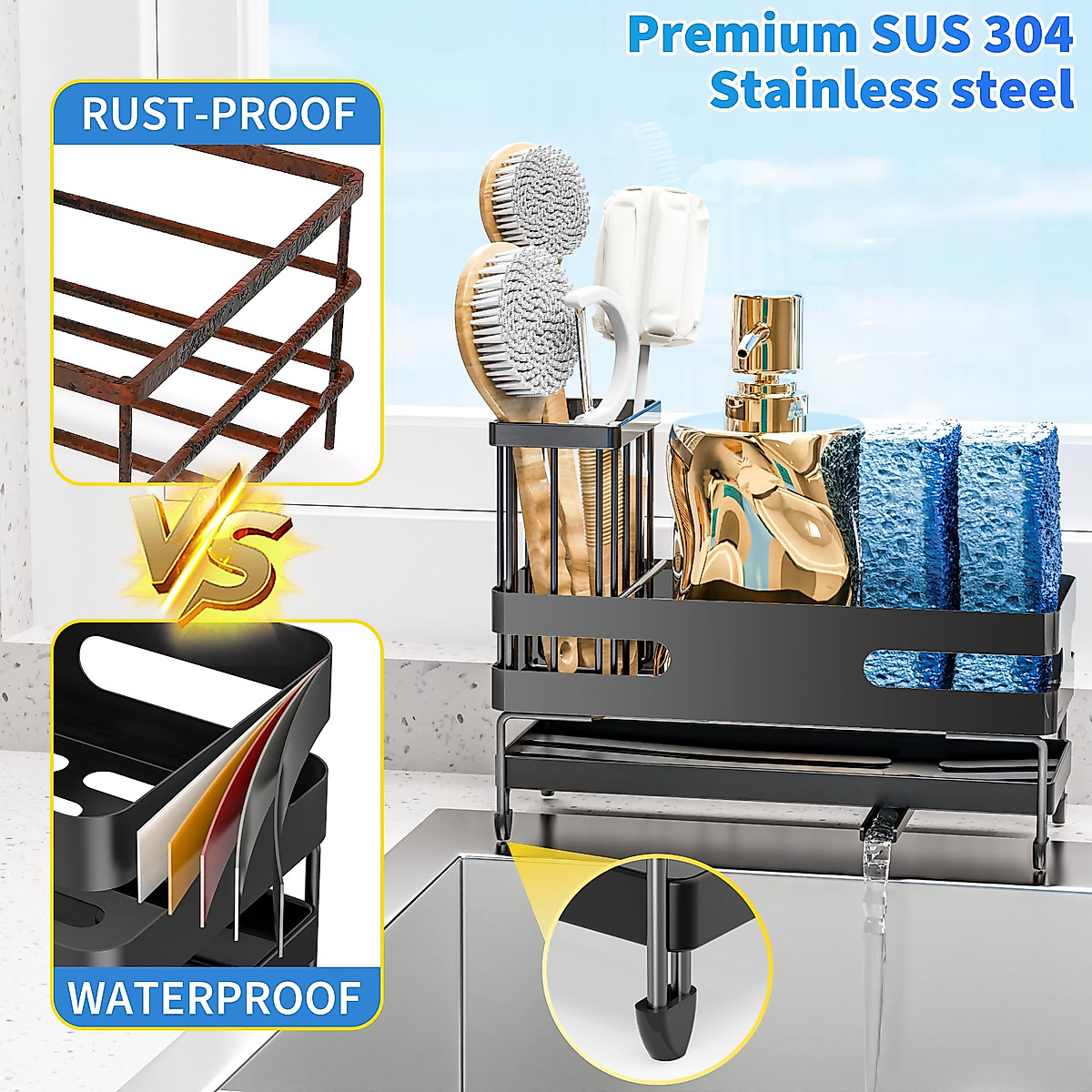 galasily Kitchen Sink Caddy Sponge Holder for Kitchen Sink with Brush Holder and Stainless Steel Self Drain Tray, Rustproof Kitchen Sink Organizer for Sponge, Kitchen Accessories (Black, Large)