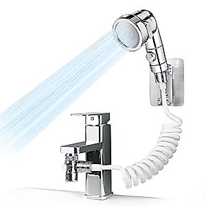 Sink Faucet Sprayer Attachment, 3 Modes Sink Sprayer Attachment for Faucet for Washing Hair, Kitchen Cleaning, Pets Bathing, Faucet Extender Set with Water Diversion Valve, Hole-Free Bracket, Silver