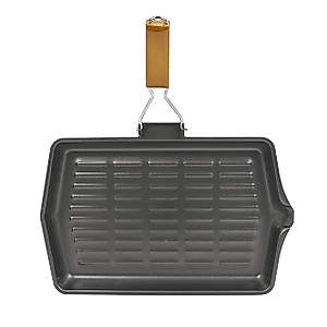 Homiu Griddle Pan Plate Carbon Steel with Non-Stick Ridge Surfaces Frying Pans with Folding Handle for Stoves and Grills (Large Rectangular Pan)