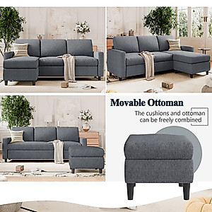 SUNLEI L-Shaped Couch Sofa for Living Room Convertible Sectional Sofa with Reversible Chaise Modern Linen Fabric,Sectional Sofa Couch for Small Space(Dark Grey)