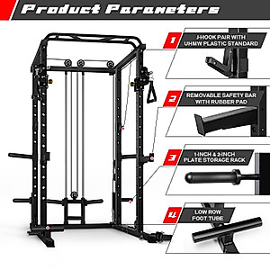 RitFit Multi-Function Power Cage with Adjustable Cable Crossover System,1000LBS Capacity Squat Rack, Full Home Gym Workout with J-Hook, Landmine and Other Attachments (2023 Version PPC03)-Black