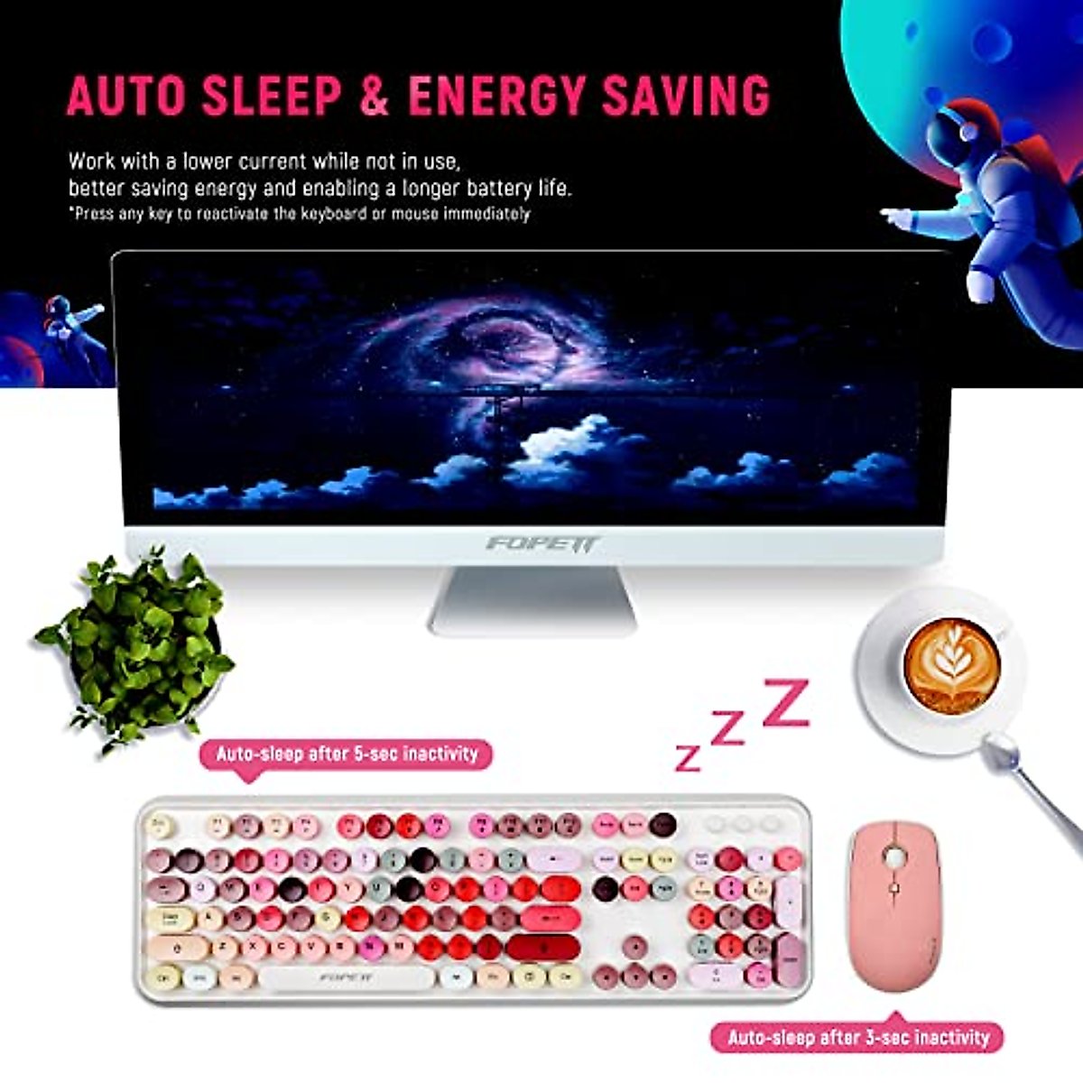 FOPETT Wireless Keyboard and Mouse Sets,Reliable 2.4 GHz Connectivity for PC,Laptop,Smart TV and More (White Colorful)