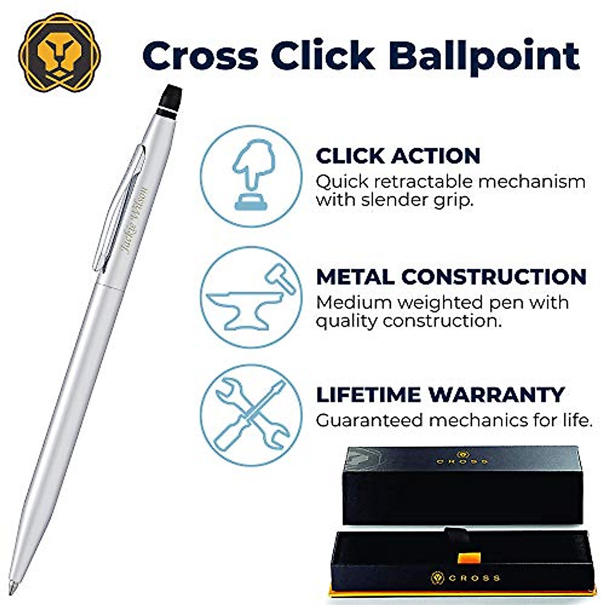 Dayspring Pens Engraved Cross Pen | Personalized Cross Click Ballpoint Pen - Polished Chrome. AT0622-101. Custom Name Engraving Comes in Cross Gift Case.