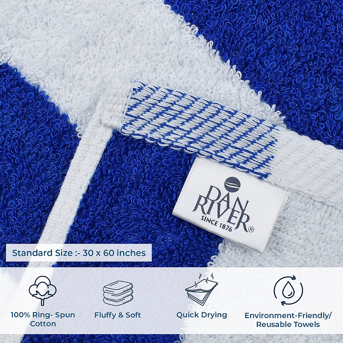 DAN RIVER 100% Cotton Beach Towels Set Pack of 4, Quick Dry Ultra Soft & Highly Absorbent 30”x60” Oversized Cabana Striped Pool Towels for Bathroom, Home, Hotel and Shore| 500 GSM| Blue Striped