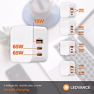 LEDVANCE 65W Smart Fast Charger with USB A / USB C Ports, 3 Device Compact Charger, Laptop / Tablet / Phone, Apple, Huawei, Samsung Compatible, White - 1 Pack (62372)