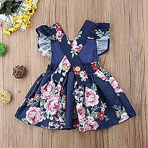 LYSMuch Toddler Kids Baby Girls Summer Floral Dress Party Backless Ruffle Sundress Beachwear Overall Skirt Clothes Outfits (Navy Blue, 12-18 Months)