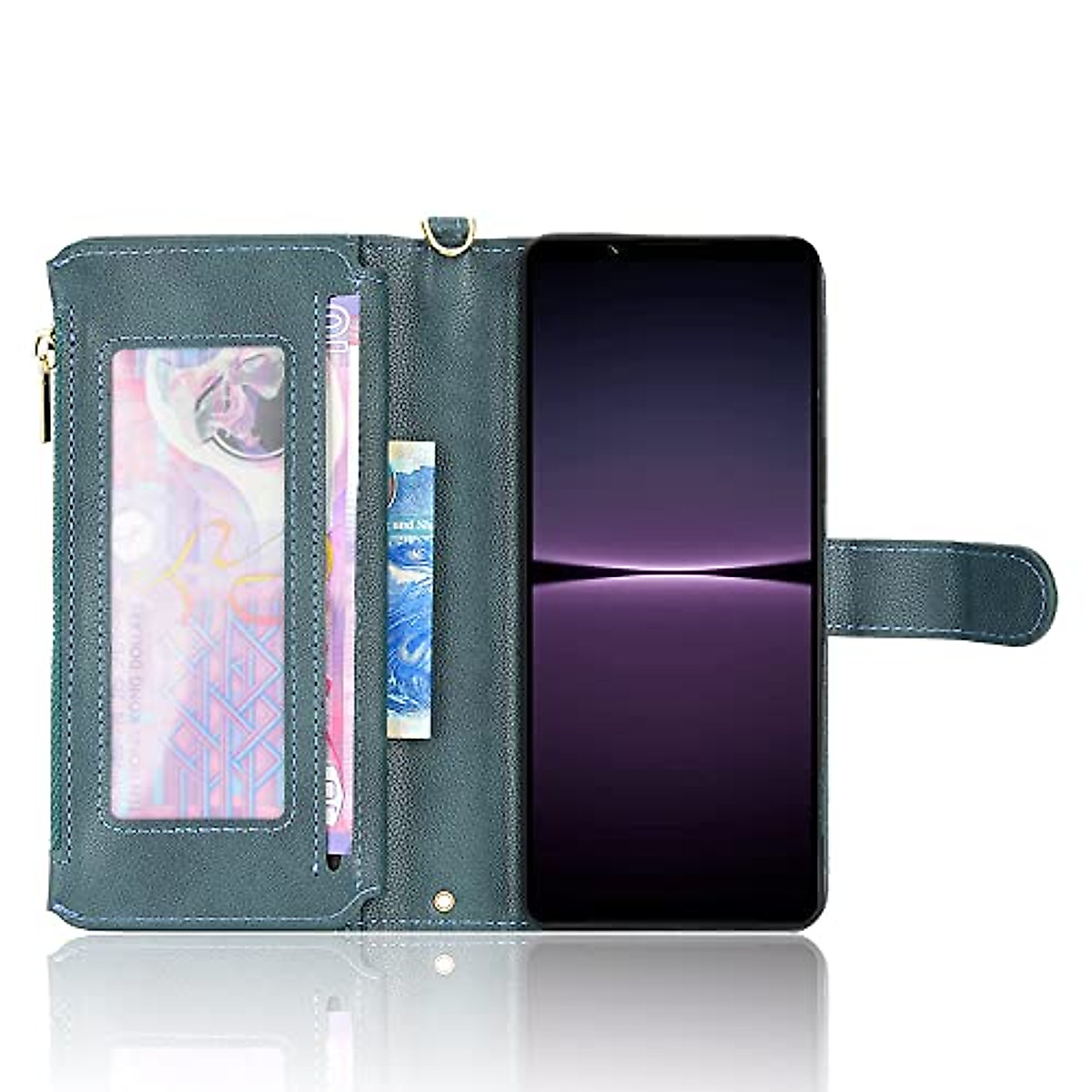 YJZSKRXFAK Magnetic Zipper Wallet Leather Case with Lanyard for Sony Xperia 1 III Cash Pocket with 6-8 Card Slots Holder Wrist Strap Cover for Sony Xperia 1 III Green