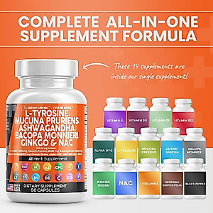 Clean Nutraceuticals L Tyrosine Mucuna Pruriens Bacopa Monnieri Ashwagandha Focus Supplement w/N-Acetyl Cysteine NAC 5-HTP Ginkgo Biloba Alpha GPC Vitamin C D B1 B12