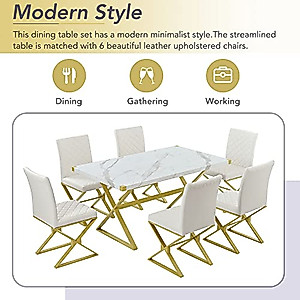Merax 7-Piece Modern Furniture Set, Rectangular Marble Texture Kitchen Table, and 6 PU Leather Chairs with X-Shaped Gold Steel Pipe Legs for Dining Room, 7Pcs, White
