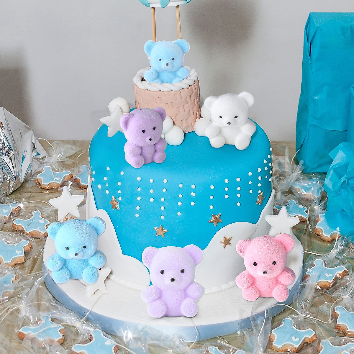 Aoriher 24 Pcs Miniature Flocked Plush Mini Bears Stuffed Bear Decorations for Birthday Baby Shower Cake Wedding Decorations Party Favor Supplies Bag Charm DIY (White, Pink, Purple, Blue)