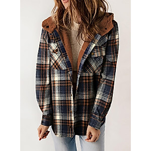Dokotoo Hooded Shacket Jacket Women Fashion Plaid Flannel Shirts Fleece Lined Long Sleeve Button Up Jackets Sherpa Fuzzy Thick Coats Vintage 2024 Fall Warm Winter Oversized Coat Outwear Blue S
