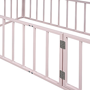 Merax Full Size Metal Floor Bed Frame with Safety Guardrails Fence and Door for Boys,Girls,Teens,Pink