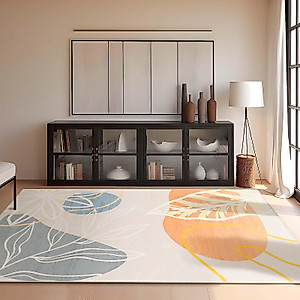 Phantoscope 5'x7' Illustration Collection Area Rug, Washable Living Room Rug Non-Slip, Low-Pile Abstract Plant Painting Carpet for Bedroom Dining Room Office Indoor Outdoor Printed Rug, Beige