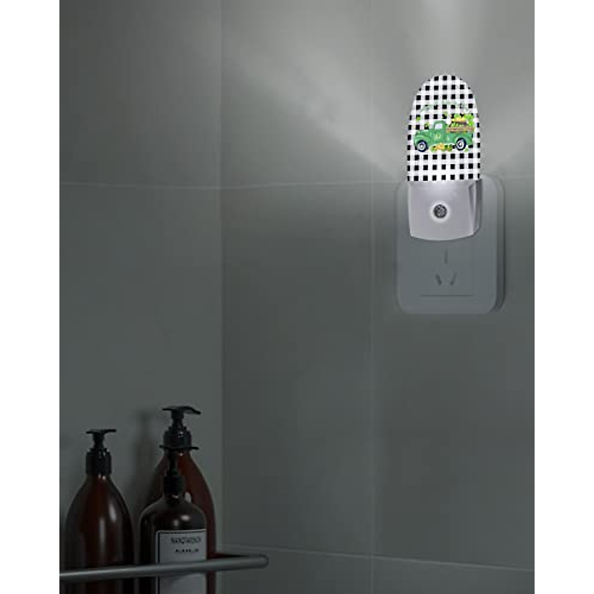 St. Patrick's Day Night Light, LED Plug in Night Light, Black and White Checkered Green Truck Clover Gold Night Lights with Dusk to Dawn Sensor Decorative Kids/Adults Nightlight for Bedroom Bathroom