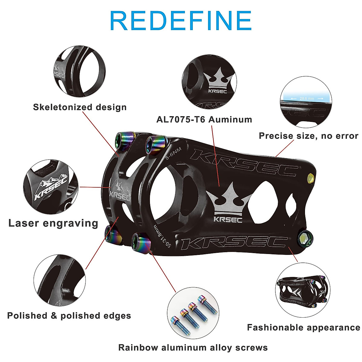 KRSEC 31.8 Bike Stem Mountain Bike Stems Short Handlebar Stem Aluminum Alloy for Bicycle,Road Bike,BMX, Cycling Stem Accessories Black