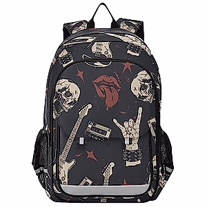 Glaphy Rock Music with Skulls Guitar Backpack School Bag Lightweight Laptop Backpack Student Travel Daypack with Reflective Stripes