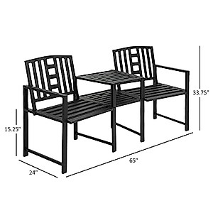Outsunny Tete-a-Tete Outdoor Bench with Center Table & Umbrella Hole, Garden Bench for 2-Person, Metal Frame Patio Loveseat with Armrest, Slatted Backrest and Seat, Black