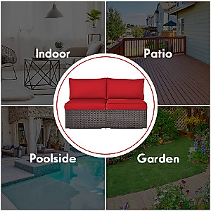 COSTWAY 2PCS PE Rattan Armless Sofa, Wicker Patio Conversation Set Chairs with Soft Cushion, Outdoor Sectional Furniture for Yard, Poolside (Red)