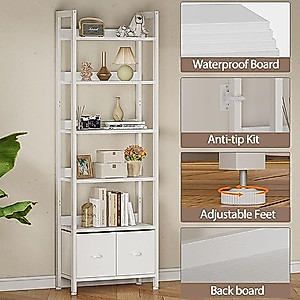Furologee White 6 Tier Bookshelf with Drawers, Tall 71" Bookcase with Shelves, Modern Wood and Metal Book Shelf Storage Organizer, Display Free Standing Shelf Unit for Bedroom, Living Room, Office