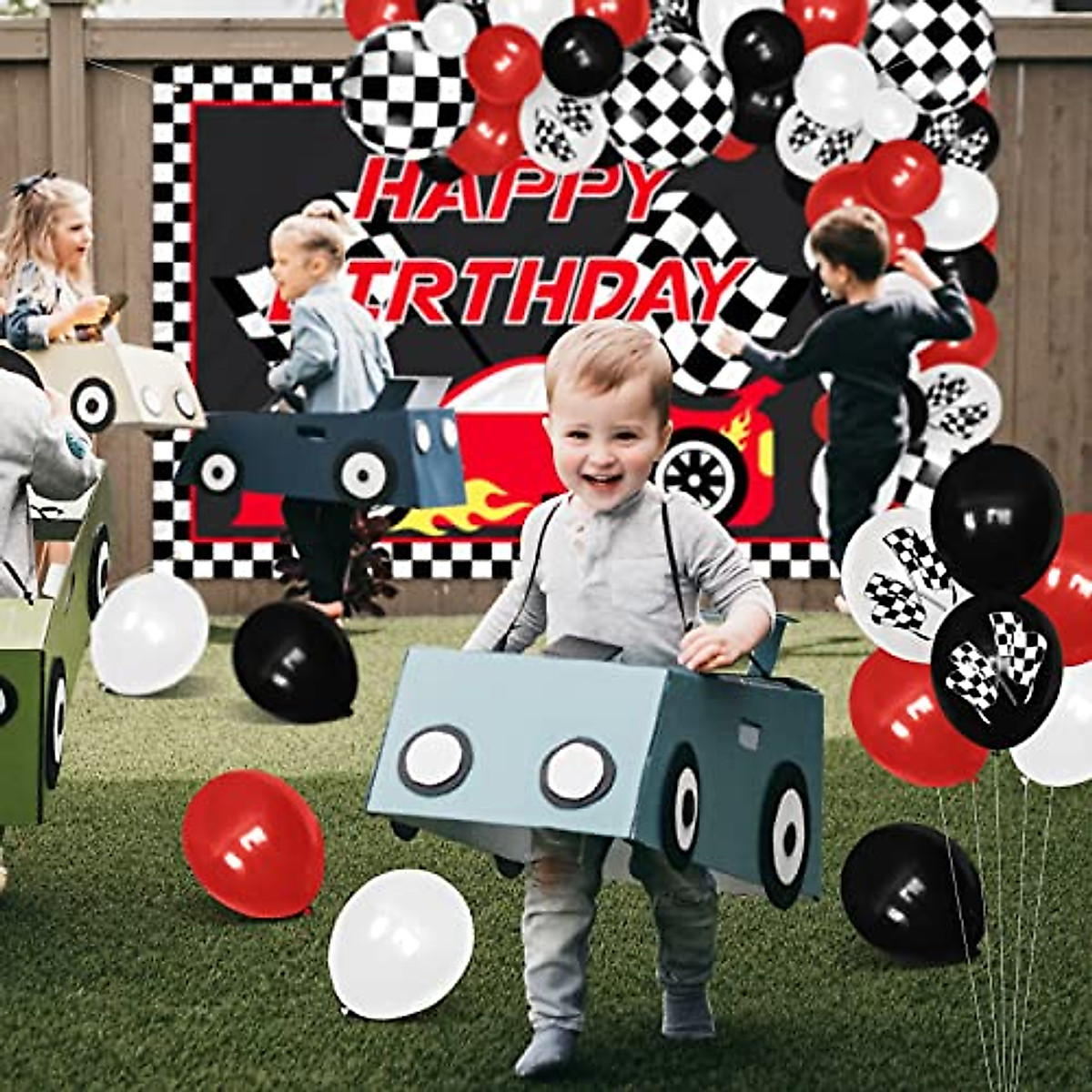 Vansolinne Race Car Birthday Decorations Party Supplies Passionate Red Racing Backdrop Banner and Balloon Garland Kit, 83pcs Race Car Checkered Flags Cross the Finish Line Background Photo Props