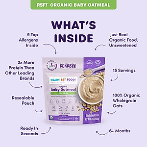 Ready, Set, Food! Organic Baby Oatmeal Cereal | Original | Organic Baby Food with 9 Top Allergens: Peanut, Egg, Milk, Cashew, Almond, Walnut, Sesame, Soy & Wheat | Unsweetened | Fortified with Iron | 15 Servings