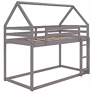 Twin Over Twin Low Bunk Bed, Wood House Bunk Bed Frame with Ladder, Guardrail and Roofs Floor Bunk Bed for Kids, Teens, Girls, Boys,Gray