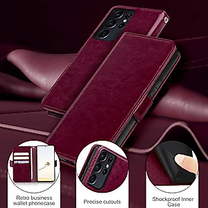 Bizzib for Samsung Galaxy S21 Ultra Case Leather Wallet with Card Holder[ RFID Blocking] 360 Full Shockproof Protection Magnetic Closure Phone Cover & Wrist Strap for Galaxy S21 Ultra 6.8-Burgundy