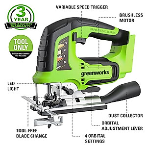 Greenworks 24V Brushless 1" Cordless Jig Saw (3,000 SPM / 4 Settings / LED Light), Tool Only