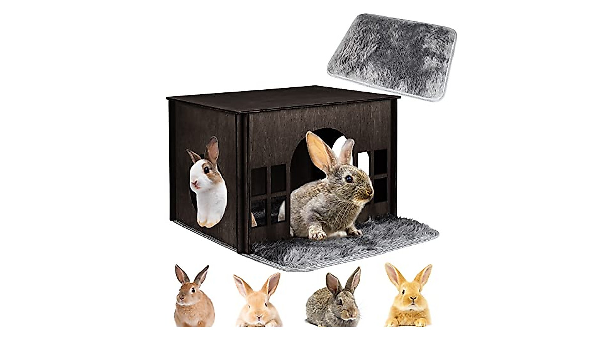 Large Wooden Rabbit House with Windows for Small Pets - Walnut