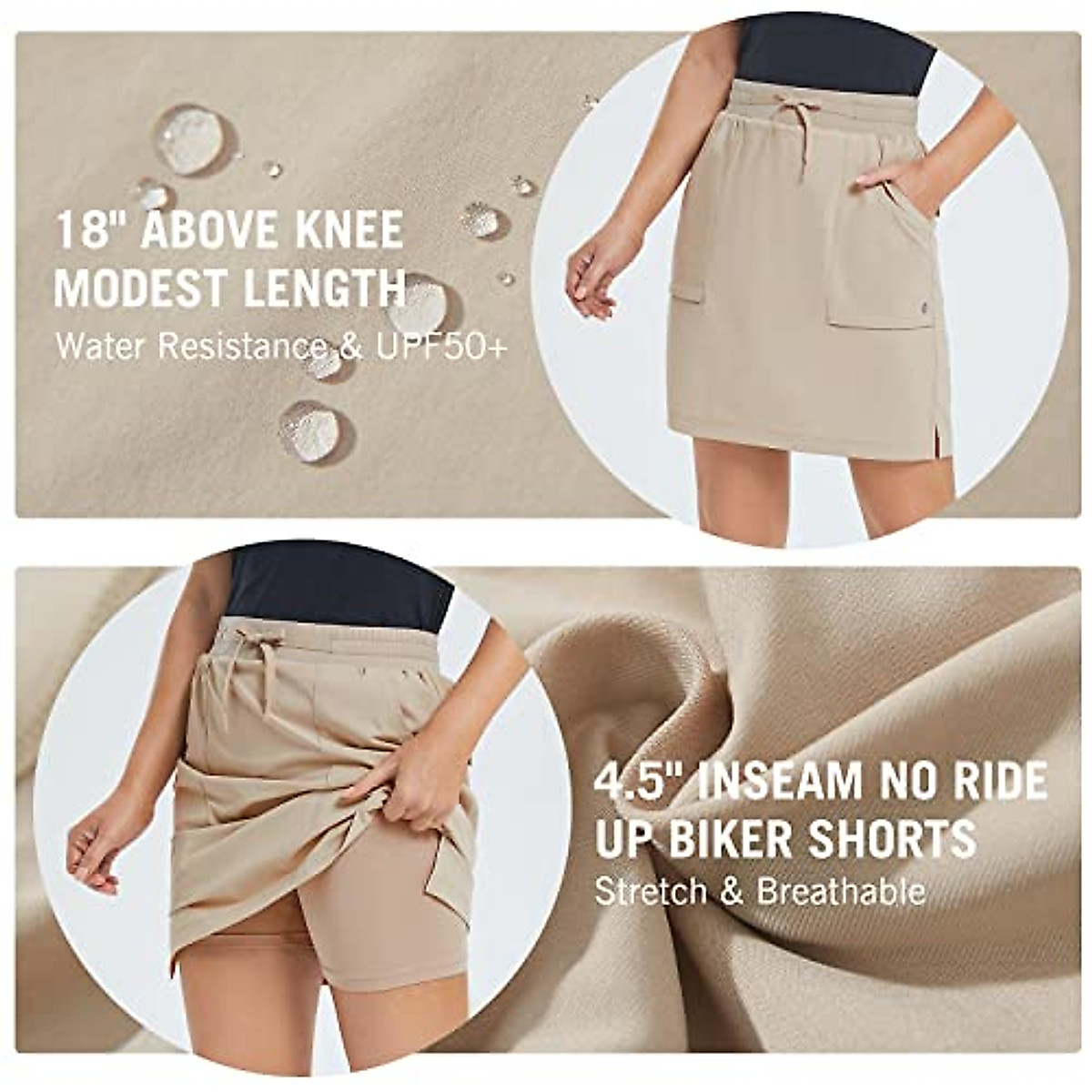 BALEAF Women's Golf Skort 18" Knee Length Skirt with Biker Shorts Pockets Stretch Elastic Waist for Tennis Hiking Khaki Size XL