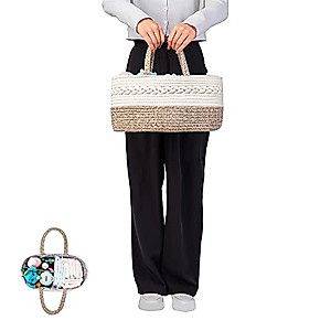 YEONHWA Baby Diaper Caddy Organizer, Woven Rope Cotton Nursery Storage Basket, Portable Handle With Large Changing Compartment Bins, Cream Beige