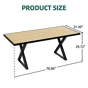 YITAHOME Outdoor Patio Dining Table for 6, Rectangular Table with Faux Wood Tabletop and Umbrella Hole, Outdside Table for Patio Balcony Proch Poolside - Black & Nature Wood