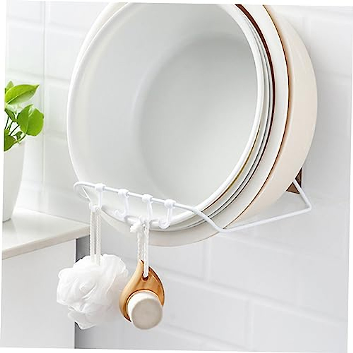 Cabilock 1pc Wall- Kitchen Wall-Mounted Basket Stand Washbasin Storage Organizer Simplicity Holder Rack for Hook Bathroom Hanging Pan with Dish Shelf Basin White Mounted Multifunctional