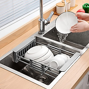 1pc Drain Rack, Stainless Steel Kitchen Basket, Home Dish Rack, Retractable Sink Shelf, 22 * 29 * 9.5cm/8.66 * 11.41 * 3.14in