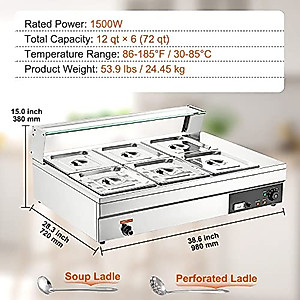 6-Pan Commercial Food Warmer with Tempered Glass Cover - Stainless Steel Countertop Electric Steam Table for Catering and Restaurants
