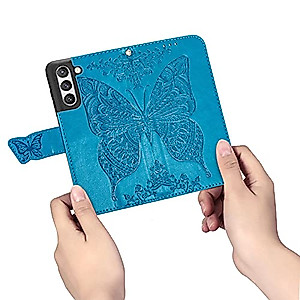 NW Ysnzaq Samsung Galaxy S21 Ultra Crossbody & Lanyard Wallet Case,3D Butterfly Embossed PU Leather Magnetic Clasp Case with Credit Card Slots Holder Cover for HZD Blue